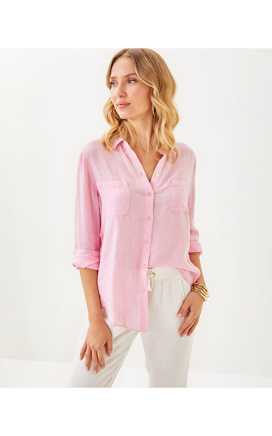 Sea View Linen Button Down Top - Conch Shell Pink X Resort White ...